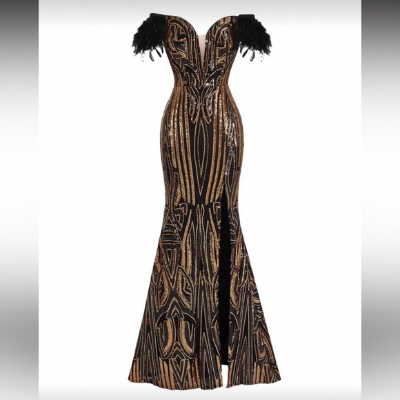 Dresses | Luxe Slit Thigh Feather Detail Sequins Mermaid Hem Party ...